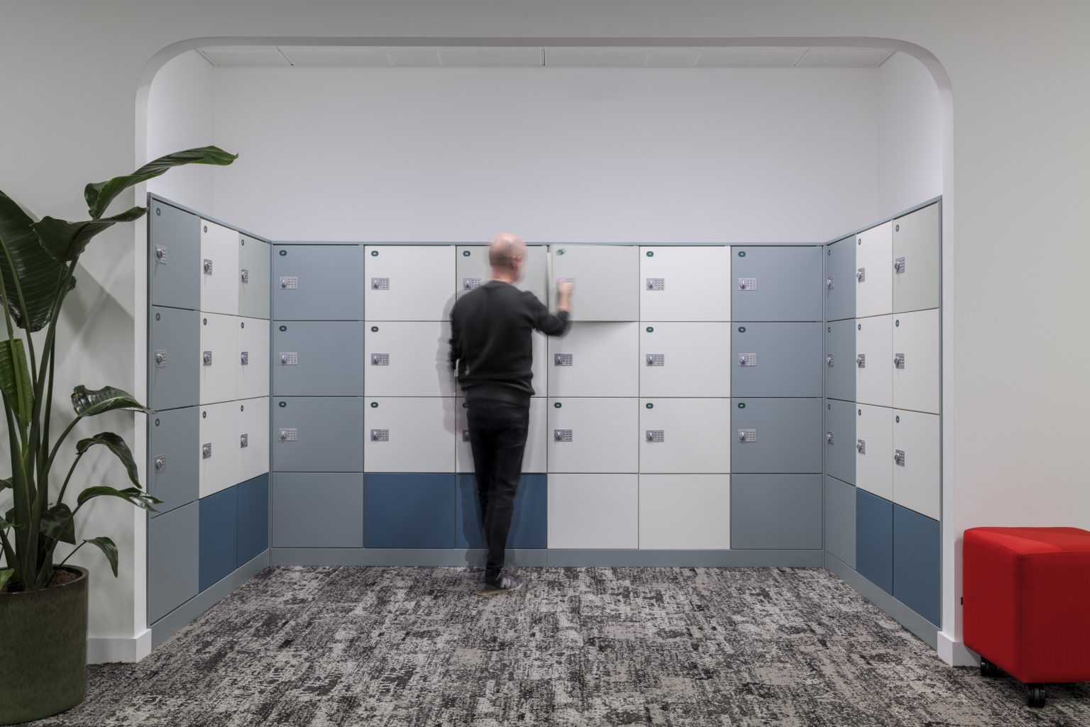 44 – Staff lockers with a random pattern of white and blue doors ...